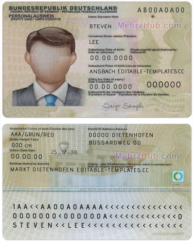 Editable Germany ID Card PSD Template for Secure Online Verification ...